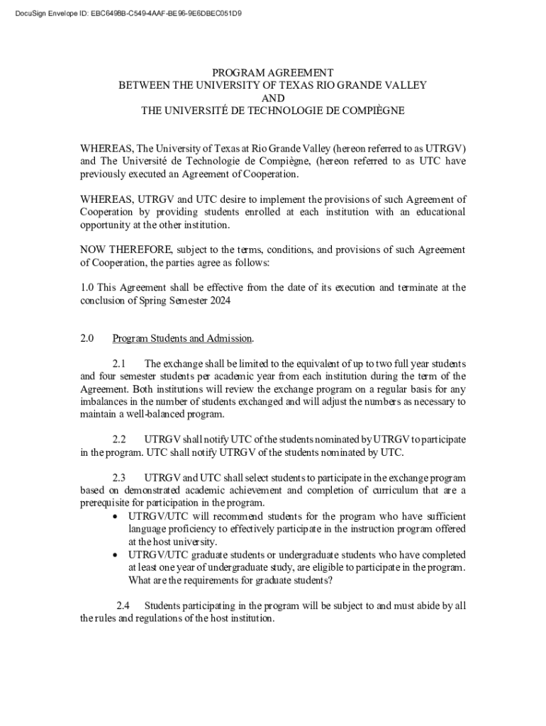 Fillable Online PROGRAM AGREEMENT BETWEEN THE UNIVERSITY OF TEXAS RIO ...