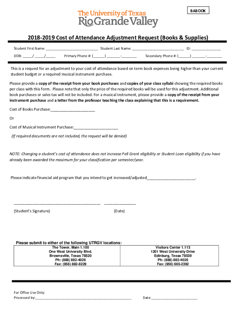Fillable Online www.utrgv.edu2223-coa-books-and-supplies2022-2023 Cost ...