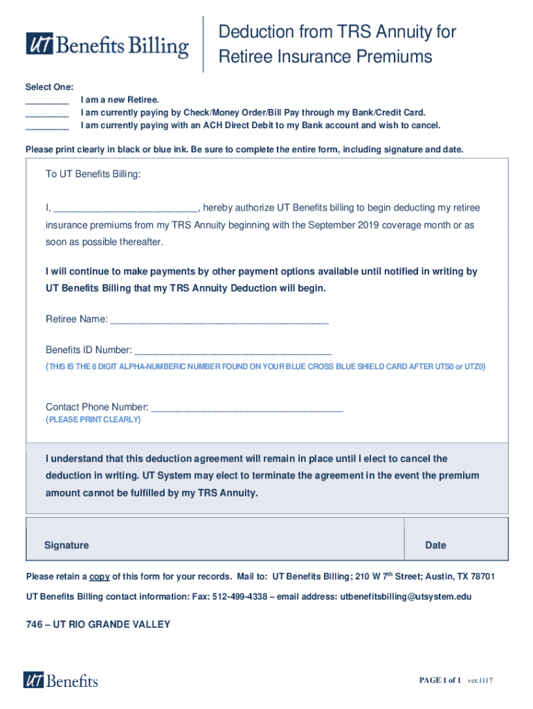 Fillable Online Deduction from TRS Annuity for Retiree Insurance ...