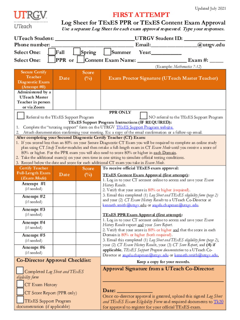 Fillable Online www.utrgv.eduuteachfilesUpdated January 2022 FIRST ATTEMPT Log Sheet for TExES ...