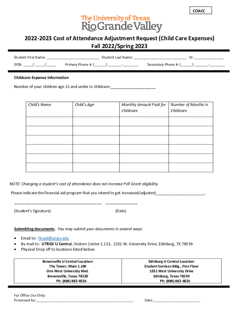 Fillable Online www.utrgv.edu2223-coa-child-care-expense2022-2023 Cost ...