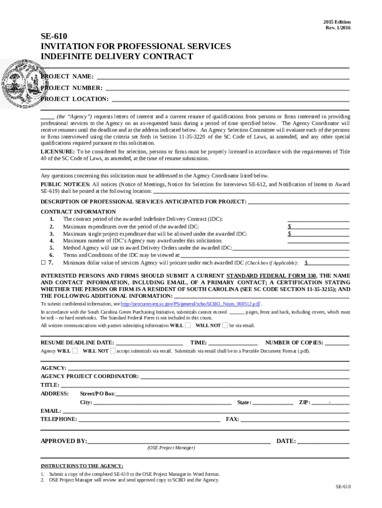 SE-610 INVITATION FOR PROFESSIONAL SERVICES INDEFINITE DELIVERY ...