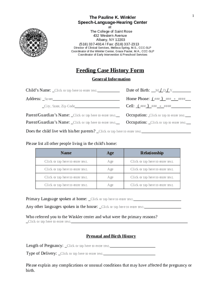 Feeding Case History Doc Template | pdfFiller