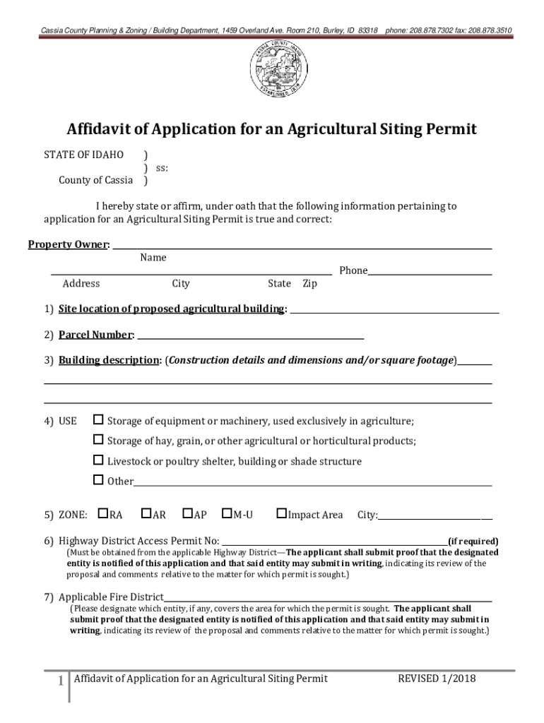 Fillable Online Affidavit of Application for an Agricultural Siting ...