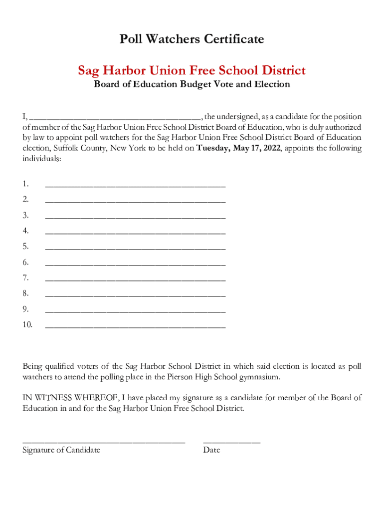 Fillable Online Poll Watchers Certificate - AWS Fax Email Print - pdfFiller
