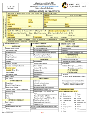 Fillable Online STATE LAB Use Only INFECTIOUS AGENTS: CULTURE/DETECTION ...