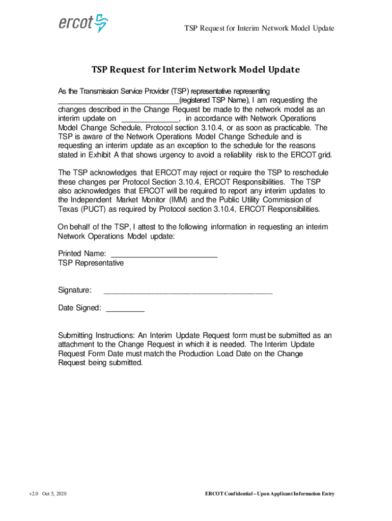 Fillable Online www.ercot.comfilesdocsTSP Request for Interim Network Model Update Fax Email ...