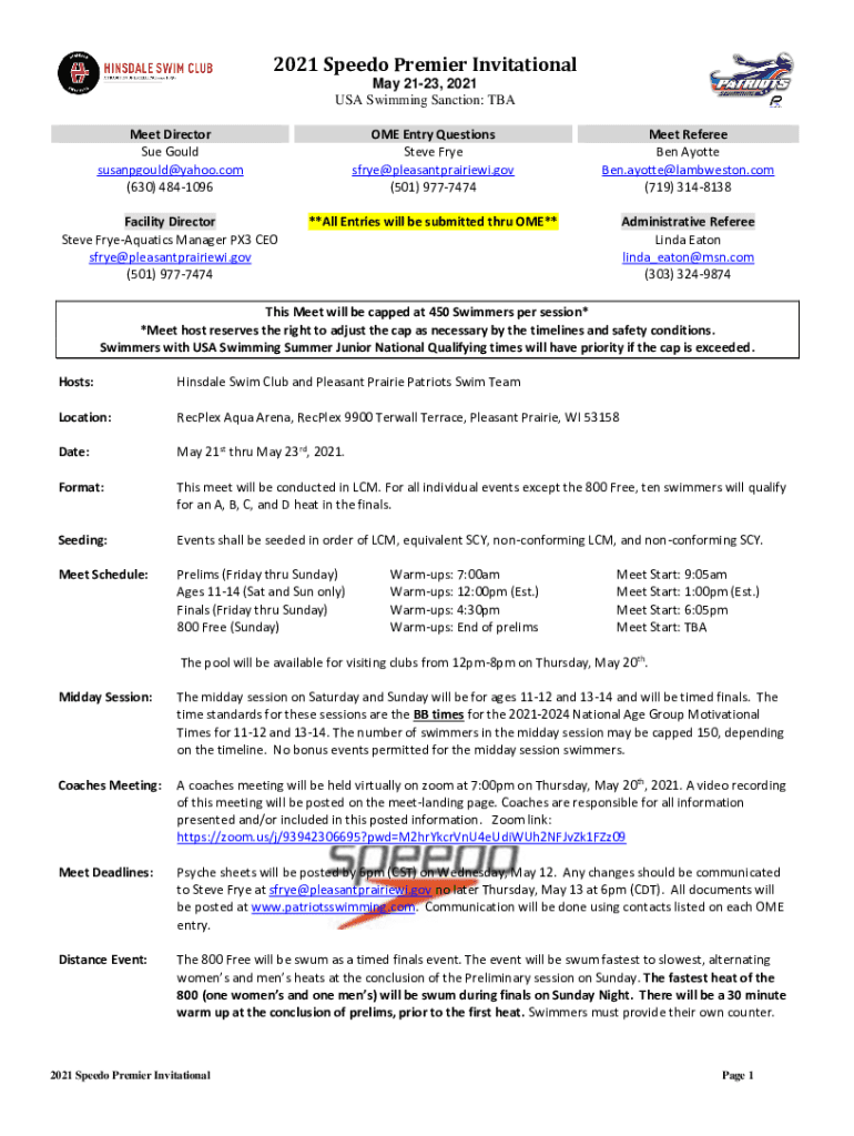 Fillable Online www.teamunify.comwslcsteventform2021 Speedo Premier Invitational - TeamUnify Fax ...