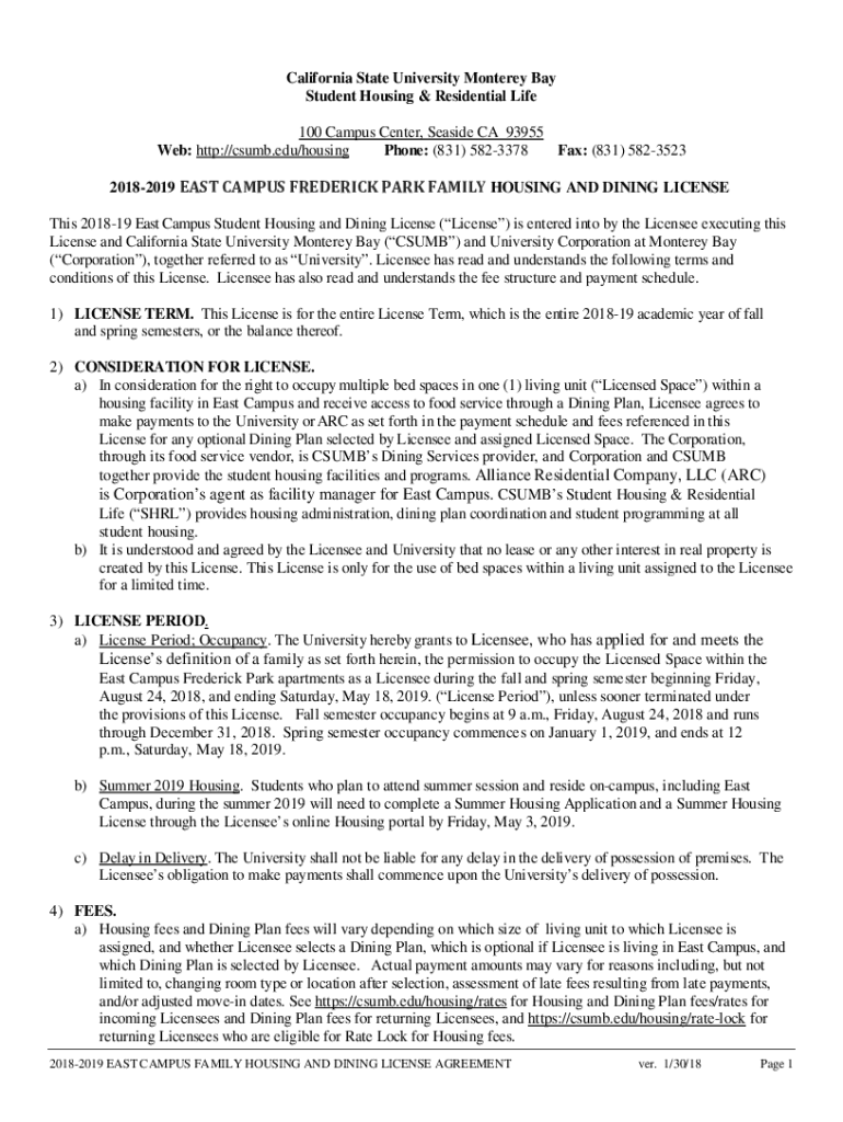 Fillable Online 2018-2019 east campus frederick park family housing and ...