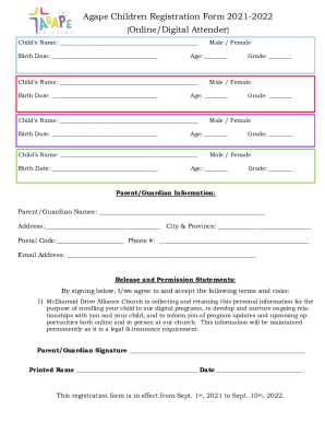 Fillable Online Agape Children Registration Form 2021-2022 Online ...