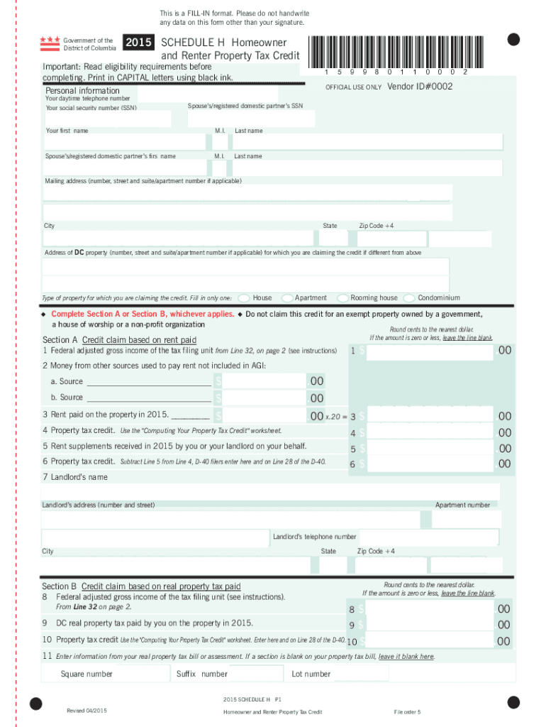 Fillable Online Schedule H. 2015 Homeowner / Renter Property Tax Credit ...