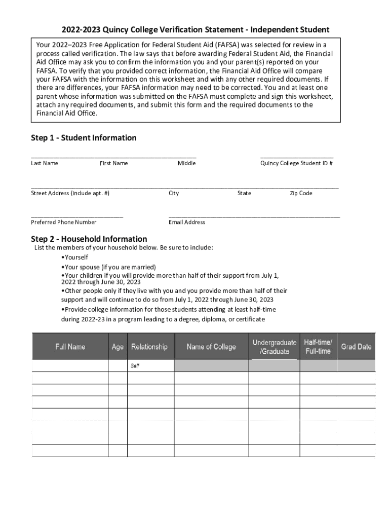 Fillable Online 2022-2023 Quincy College Verification Statement ...
