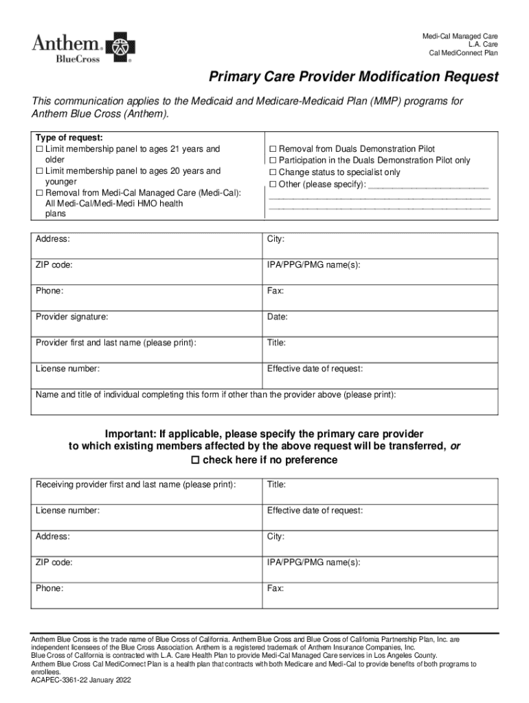 Fillable Online Primary Care Provider Modification Request - Anthem Fax ...