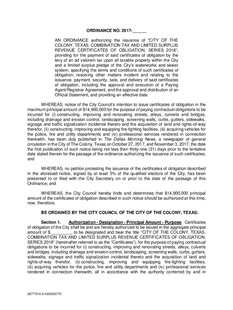 Fillable Online AN ORDINANCE authorizing the issuance of CITY OF ...
