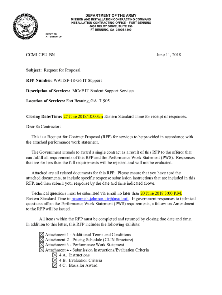 Fillable Online Request for Proposal RFP Number: W911SF-18-G6 IT ...