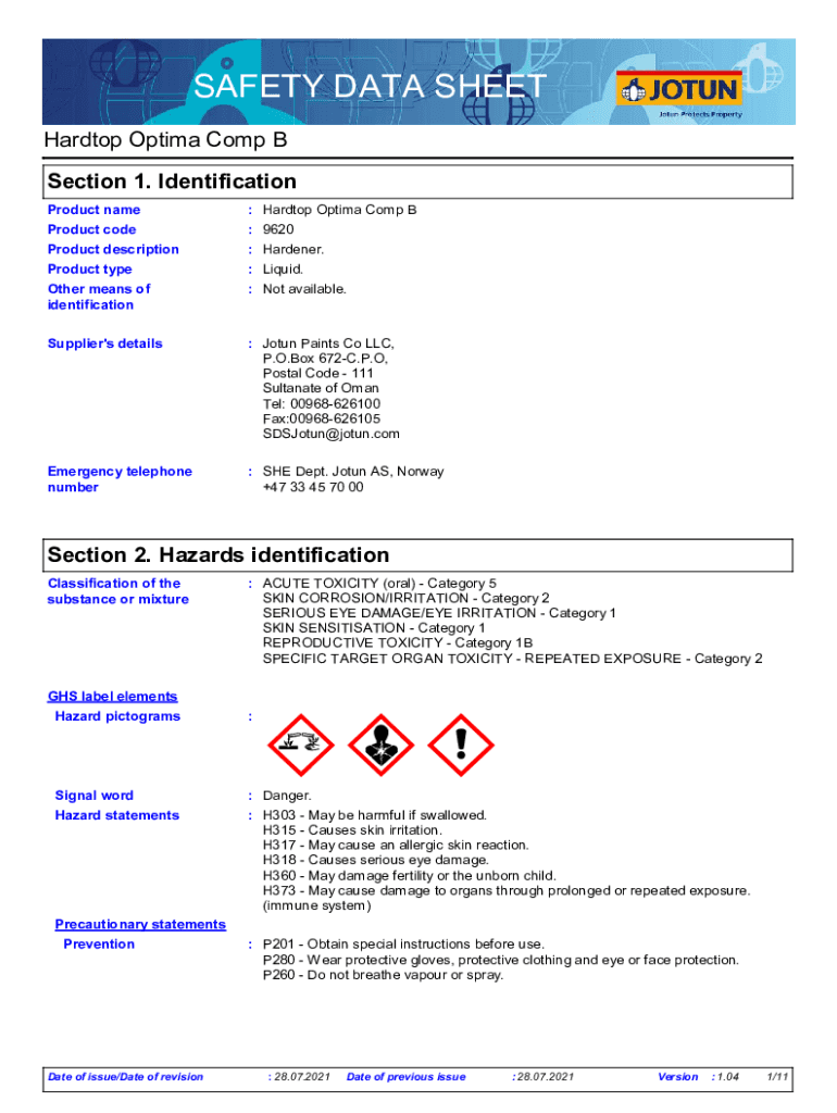 Fillable Online Hardtop Optima Comp B - SAFETY DATA SHEET Fax Email ...