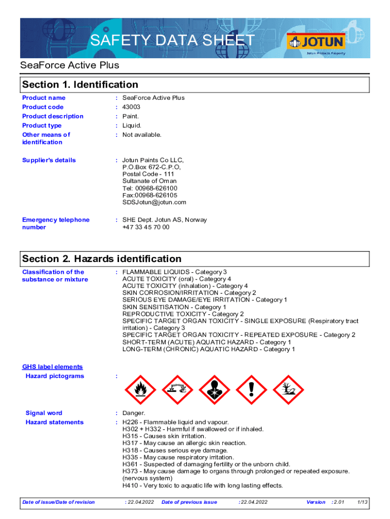 Fillable Online SeaForce Active Plus (MM-WCS) - Jotun - ISS SDS GHS ...