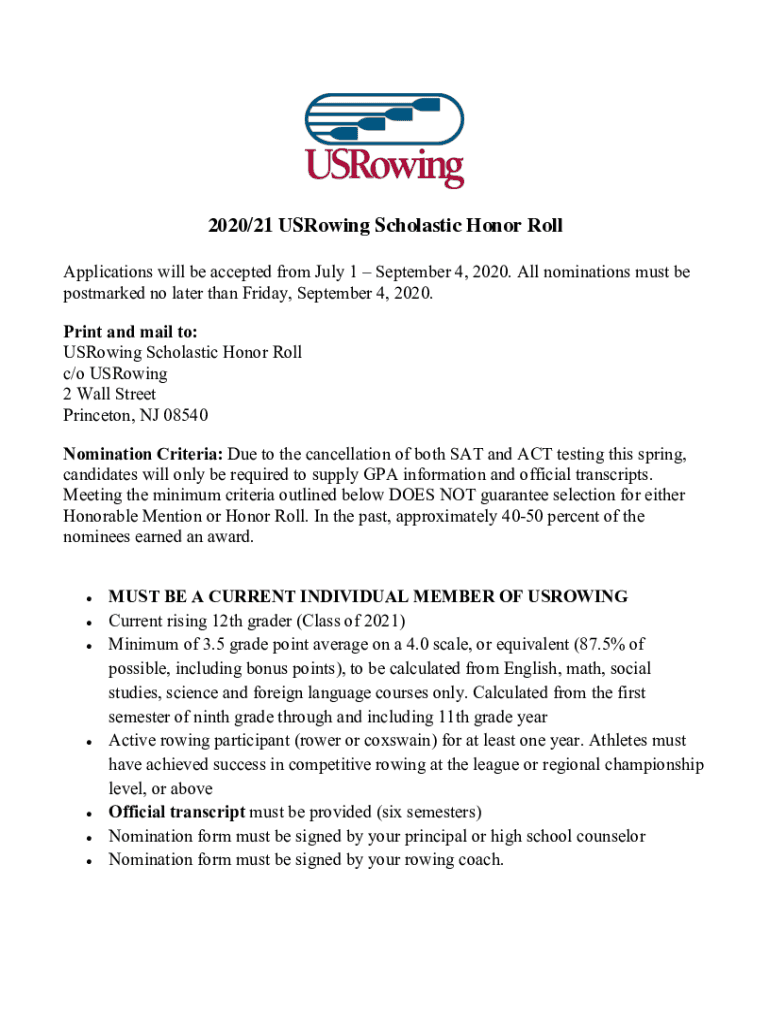 Fillable Online USRowing Scholastic Honor RollOur Lady of Mercy Crew ...