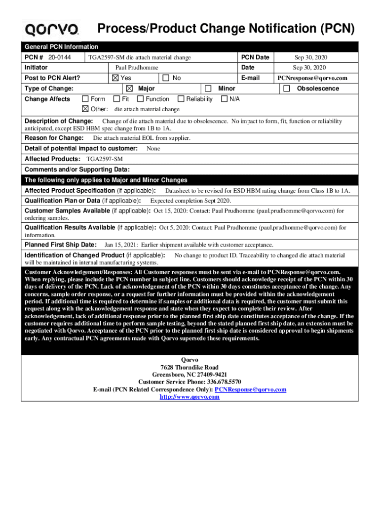 Fillable Online Process Change Notification (PCN) Form - mouser.com Fax ...