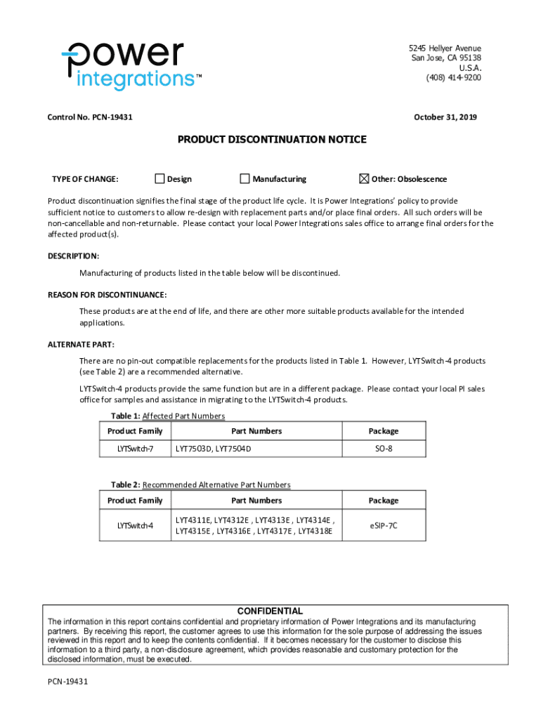 Fillable Online PRODUCT DISCONTINUATION NOTICE - Mouser Electronics Fax Email Print - pdfFiller