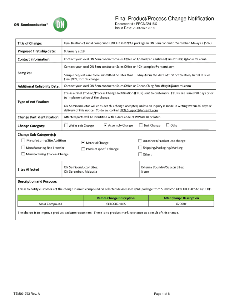 Fillable Online Final Product/Process Change Notification - source ...