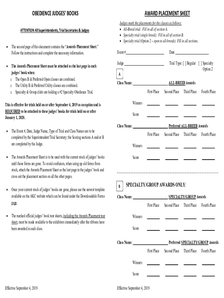 Fillable Online OBEDIENCE JUDGES' BOOKS AWARD PLACEMENT SHEET Fax Email Print - pdfFiller