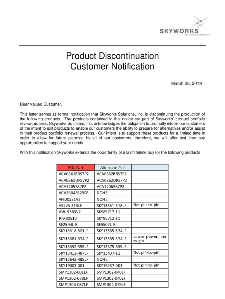 Fillable Online Product Discontinuation Customer Notification - Mouser ...