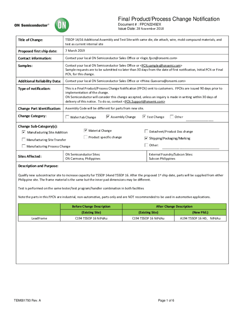 Fillable Online www.mouser.com PCN OnSemiconductorMainDocFinal Product ...