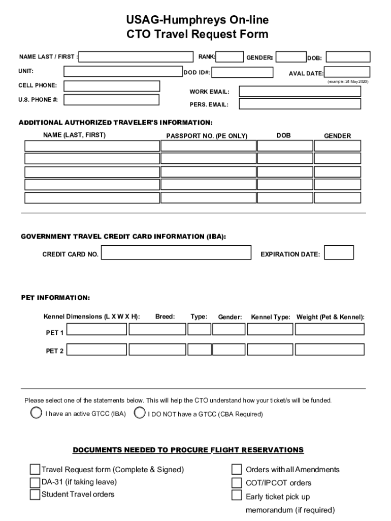 Fillable Online USAG-Humphreys On-line CTO Travel Request Form Fax Email Print - pdfFiller