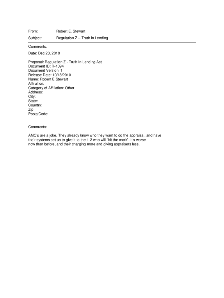 Fillable Online From: Robert E. Stewart Subject: Regulation Z -- Truth ...