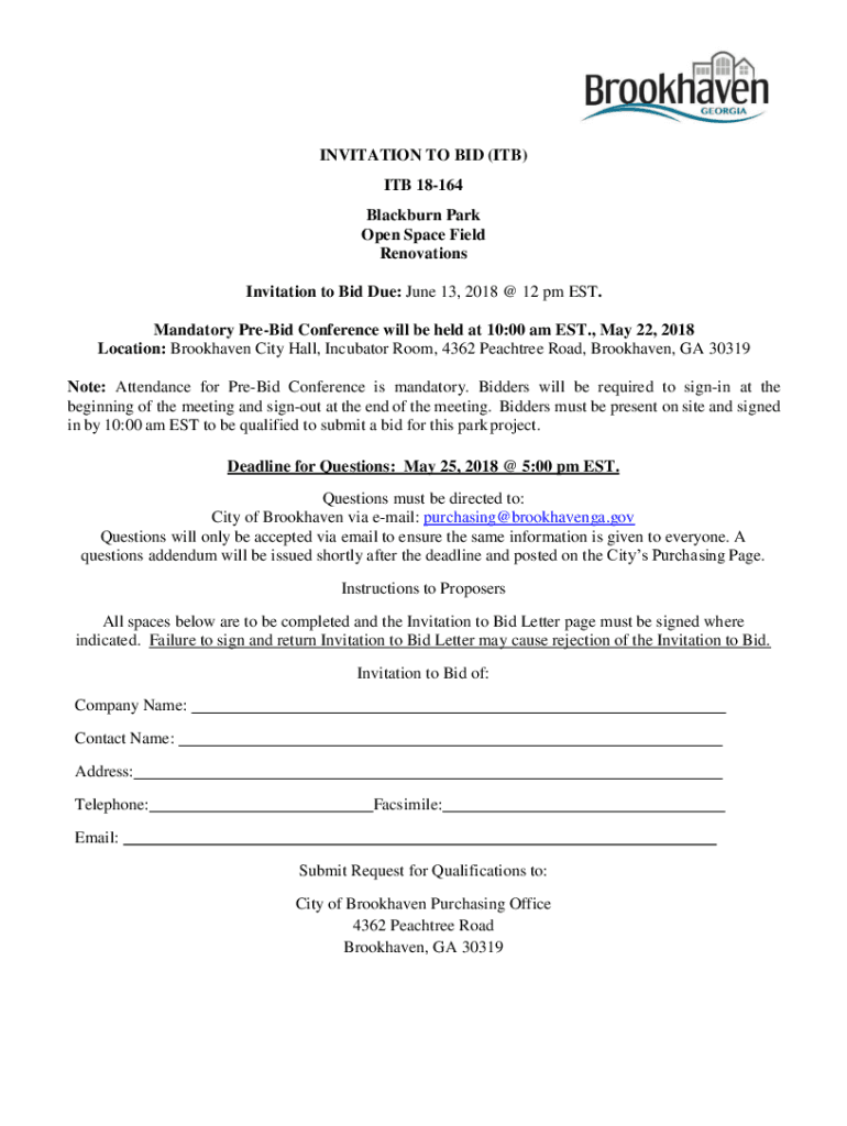 Fillable Online Invitation to Bid (ITB) ITB 18-164 Blackburn Park Open Space ... Fax Email Print ...