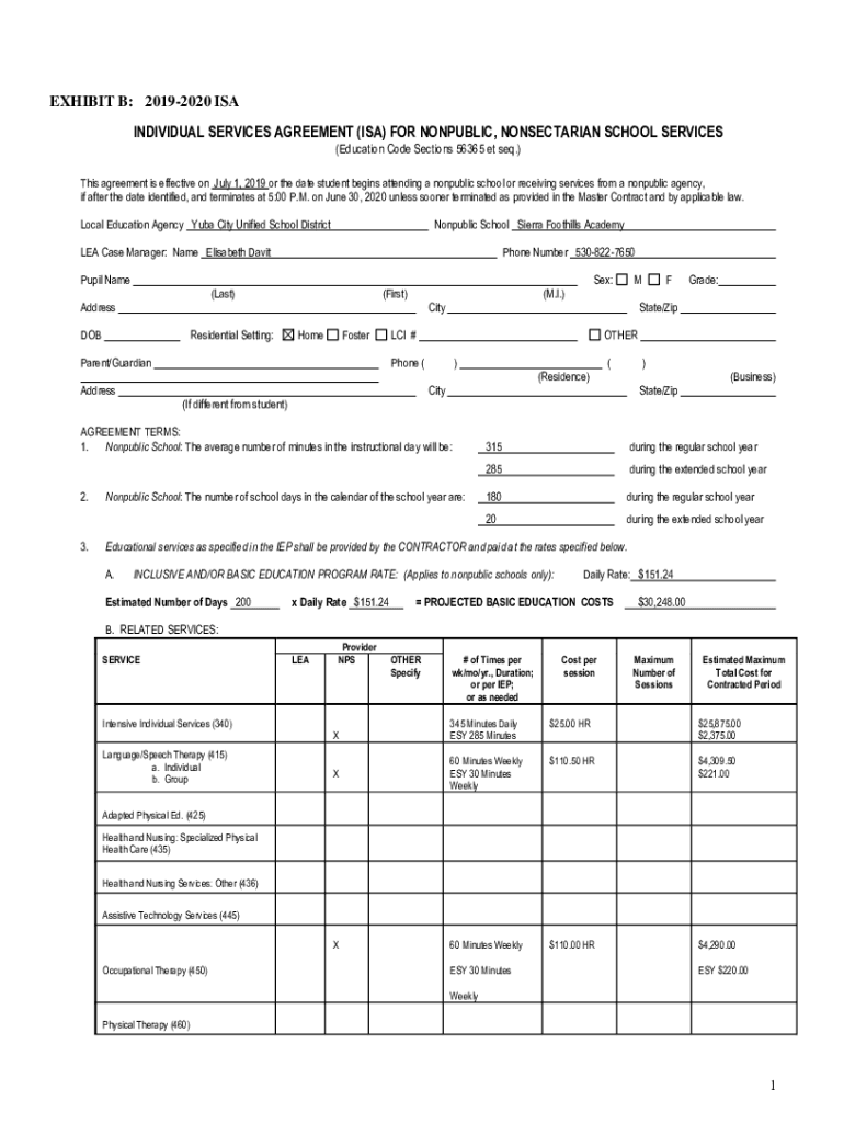 Fillable Online INDIVIDUAL SERVICES AGREEMENT (ISA) FOR NONPUBLIC ...