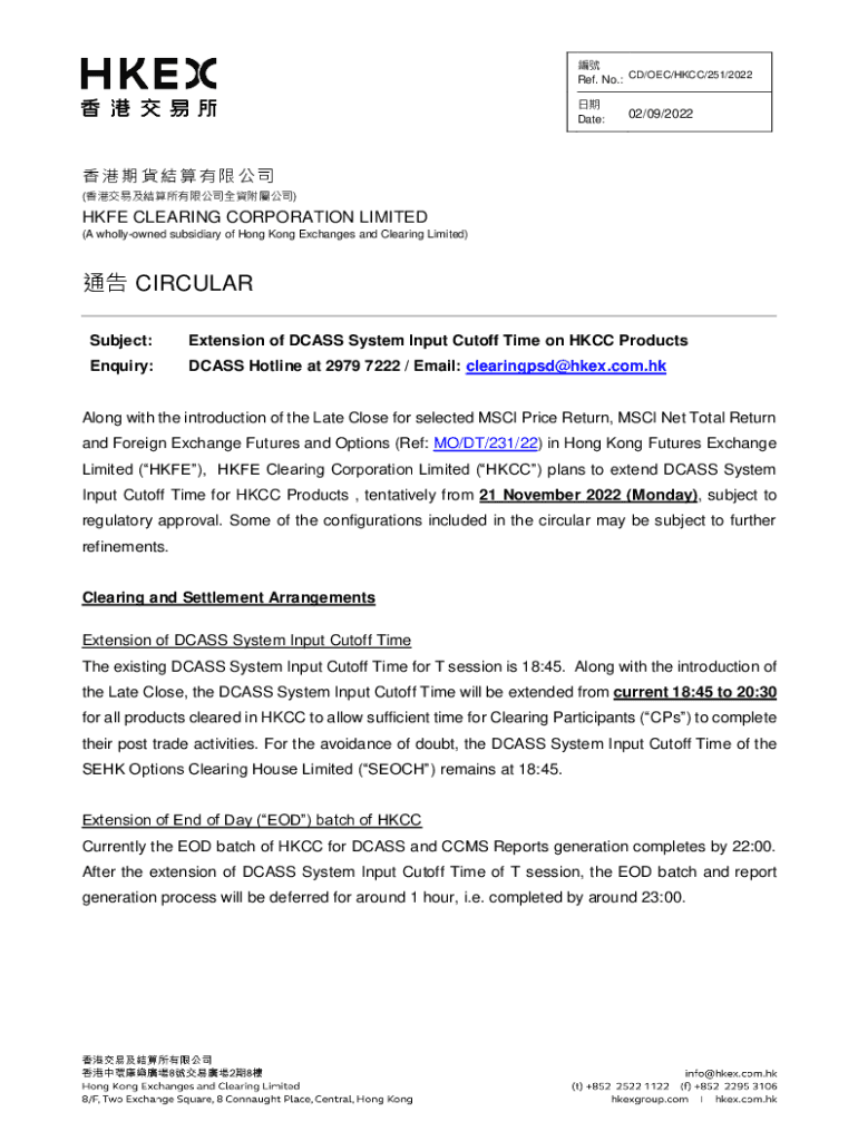 Fillable Online Extension of DCASS System Input Cutoff Time on HKCC ...