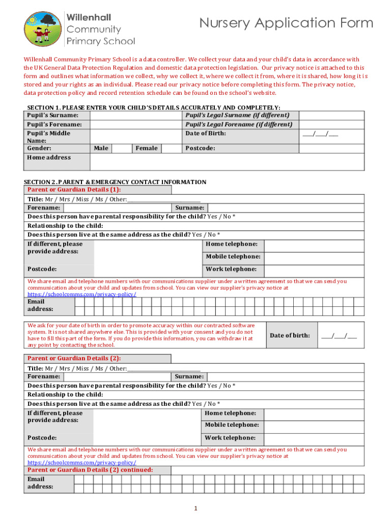 Fillable Online Nursery Application Form - Willenhall Community Primary ...