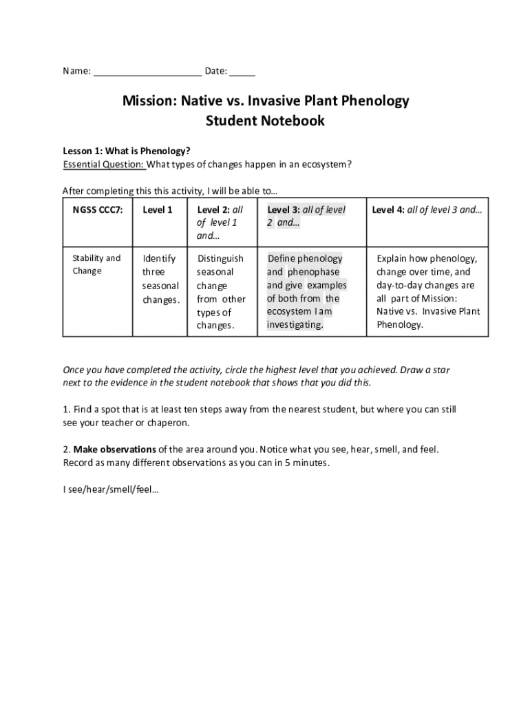 Fillable Online Mission: Native vs. Invasive Plant Phenology Student ...