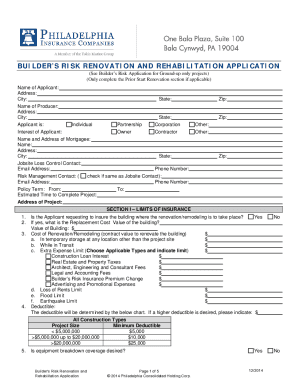 Fillable Online BUILDERS RISK RENOVATION AND REHABILITATION APPLICATION ...