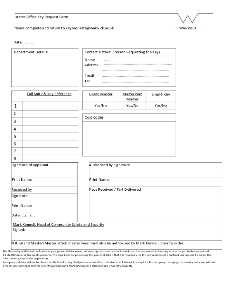Fillable Online warwick ac Key Request Form JUNE 21.pdf Fax Email Print ...