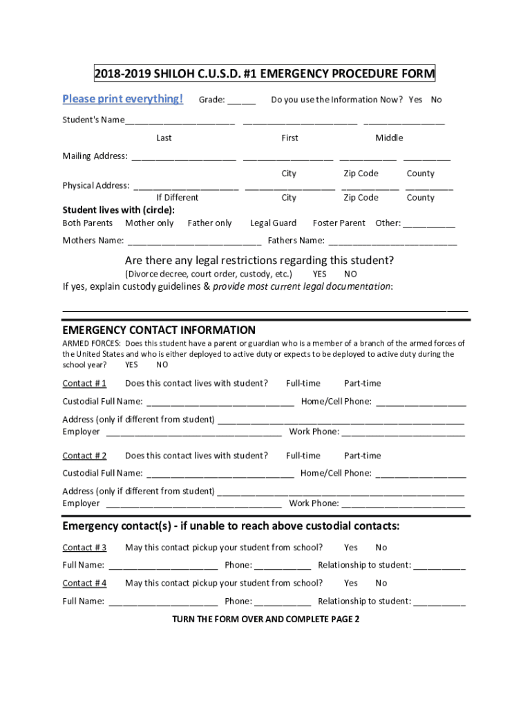 Fillable Online 2018-2019 SHILOH C.U.S.D. #1 EMERGENCY PROCEDURE FORM Fax Email Print - pdfFiller