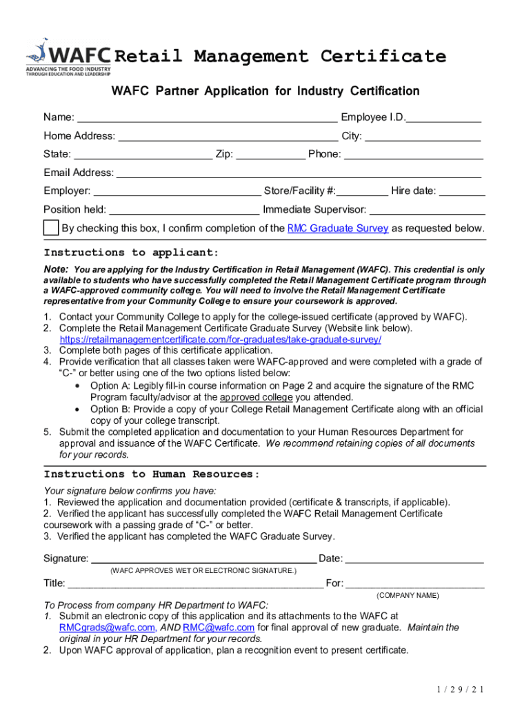 Fillable Online WAFC - Retail Management CertificateWAFC - Retail Management CertificateWAFC ...