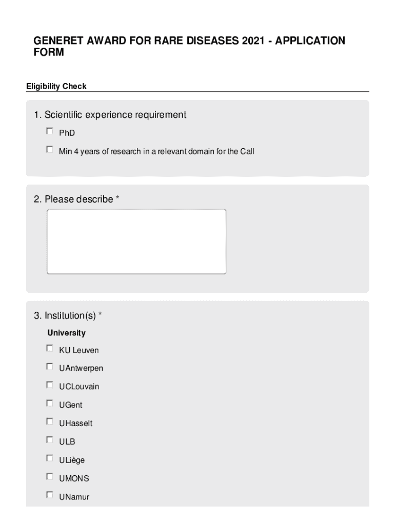 Fillable Online GENERET AWARD FOR RARE DISEASES 2021 - APPLICATION FORM ...