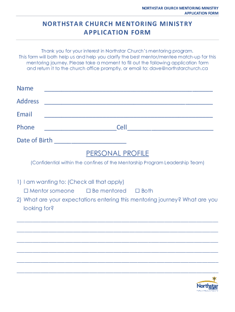 Fillable Online northstar church mentoring ministry application form ...