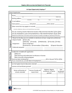 Fillable Online Sample Application for Substitute Teacher ...