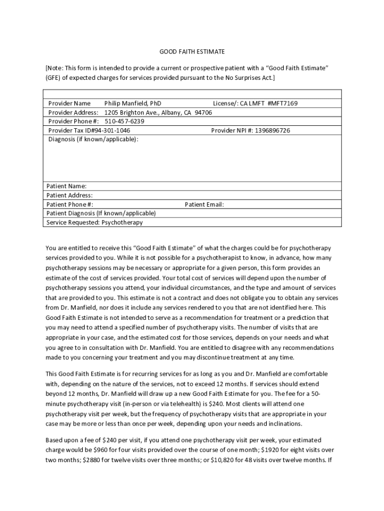 Fillable Online www.asha.orgpracticereimbursementGood Faith Estimate ...
