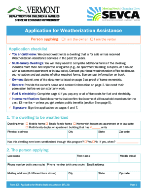 Fillable Online outside vermont Application for Weatherization ...
