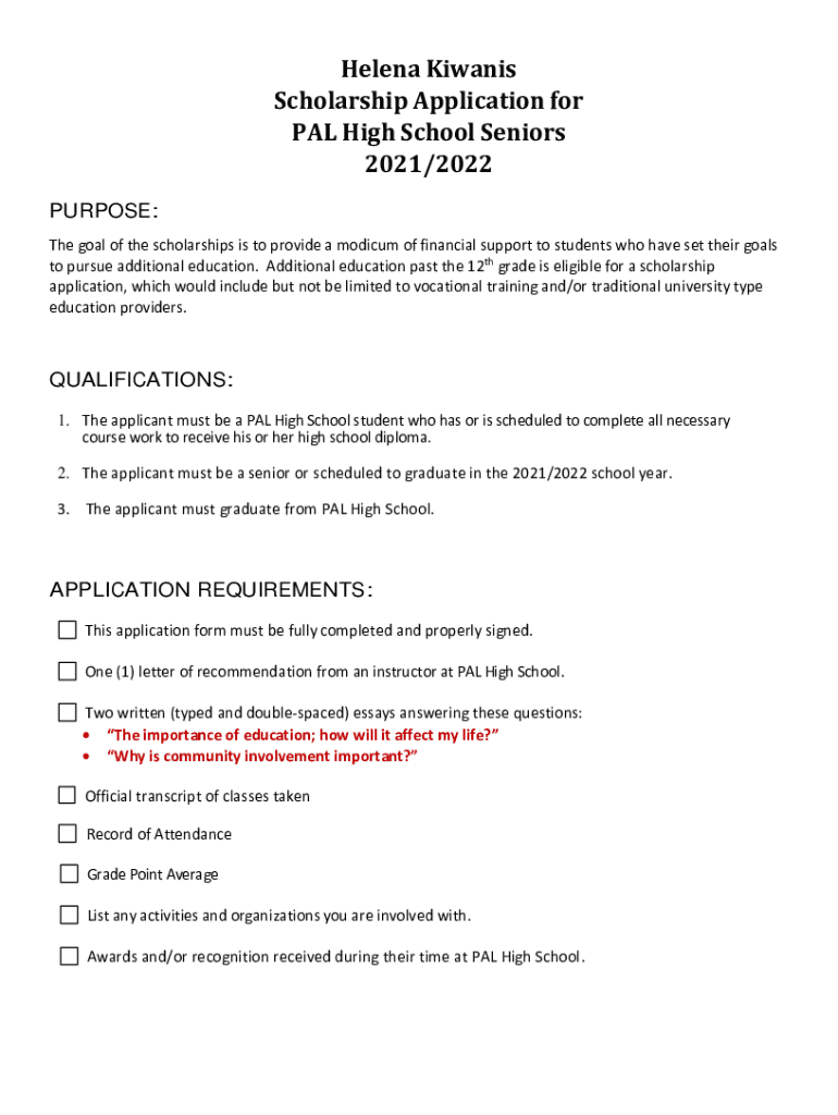Fillable Online Helena Kiwanis Scholarship Application for PAL High ...