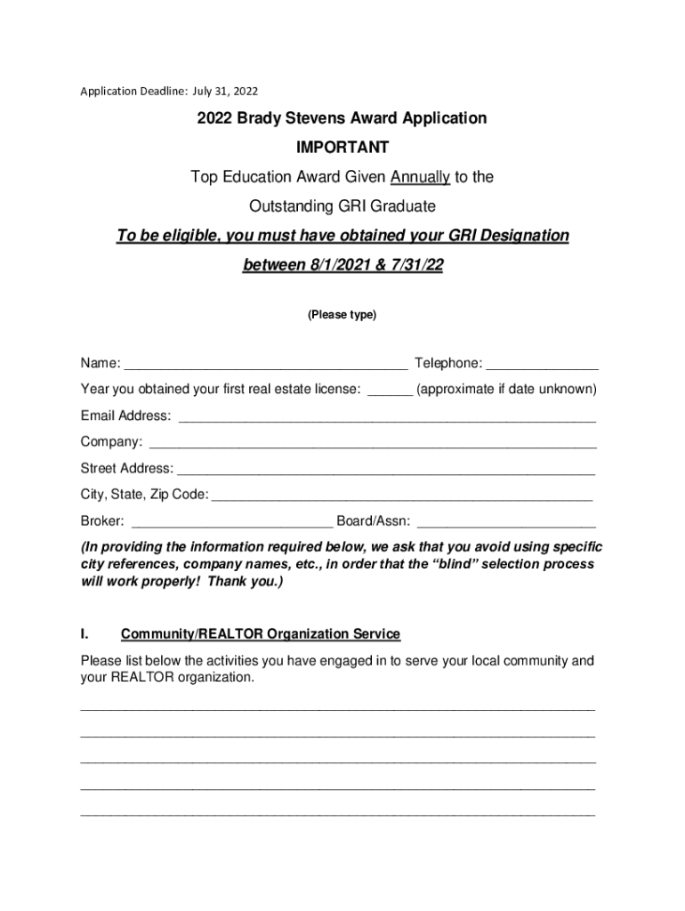 Fillable Online 2022 Brady Stevens Award Application IMPORTANT Top Education ... Fax Email Print ...