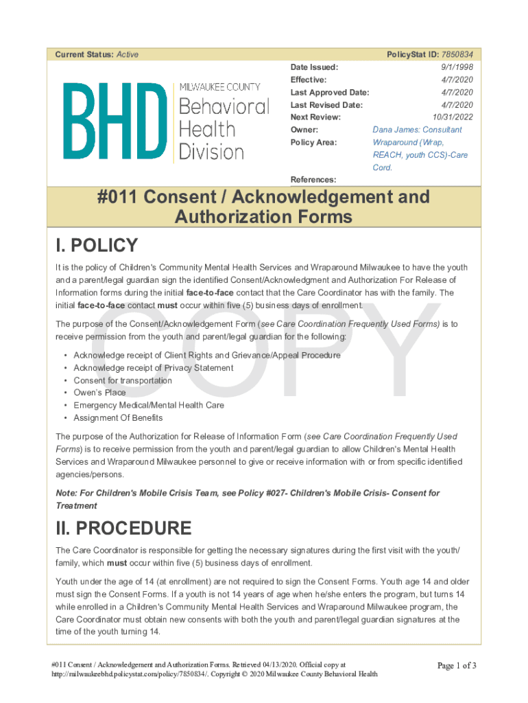 Fillable Online #011 Consent / Acknowledgement and Authorization Forms ...