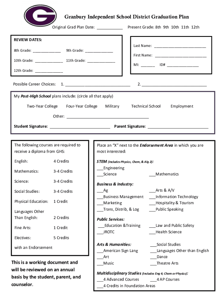 Fillable Online Granbury Independent School District Graduation Plan ...