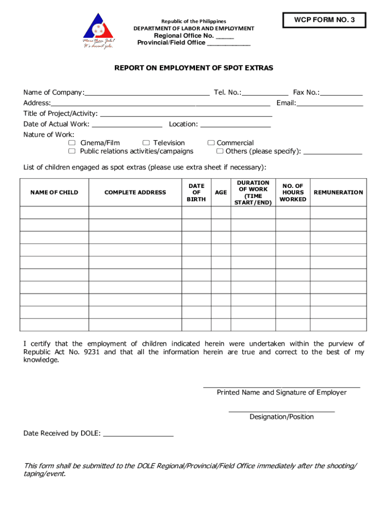 Fillable Online REPORT ON EMPLOYMENT OF SPOT EXTRAS - Department of ...