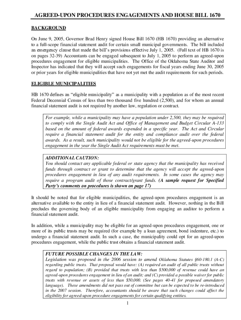 Fillable Online AGREED-UPON PROCEDURES ENGAGEMENTS AND HOUSE BILL 1670 ...